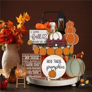 Holiday | 1 Set Fall Tiered Tray Decor Set Autumn Pumpkin Leaves Rustic ...